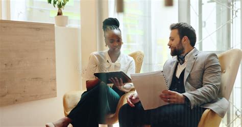 Tablet Team And Business People Planning Conversation Or Brainstorming Ideas In Office Meeting