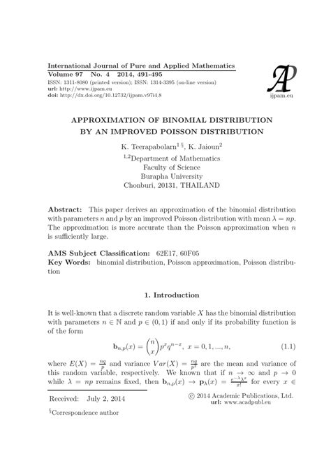Pdf Approximation Of Binomial Distribution By An Improved Poisson Distribution