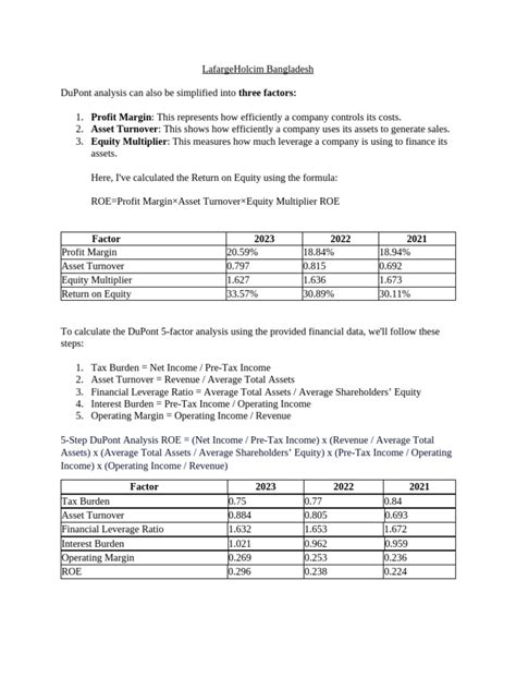 3 And 5 Factor Dupont Calculation Of Lafargeholcim Pdf