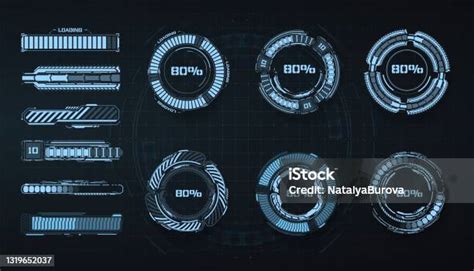 미래 요소 로딩 막대 다운로드 로딩 업로드 게임 Gui Ui에 대한 타임 라인 어두운 배경에서 격리된 직선 및 원형 적재 축척 벡터 일러스트레이션 벡터에 대한 스톡 벡터