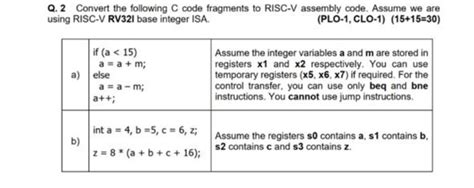 solved q 2 convert the following c code fragments to risc v