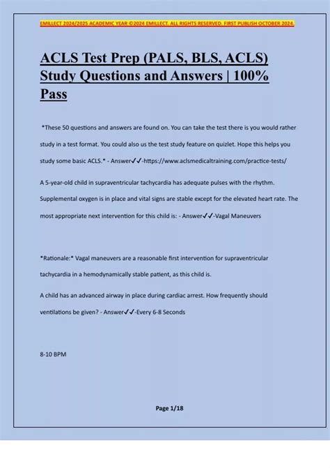 ACLS Test Prep PALS BLS ACLS Study Questions And Answers Pass Acls Stuvia US