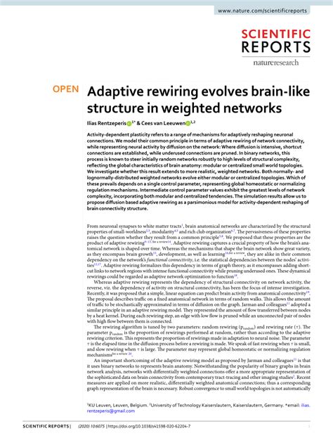 Pdf Adaptive Rewiring Evolves Brain Like Structure In Weighted Networks