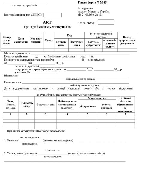Акт про приймання устаткування ф № М 15 Нормативні документи від Vobu
