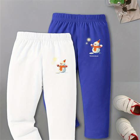 귀여운 만화 눈사람 그래픽 프린트 베이비 걸스를 위한 2개의 캐주얼하고 편안한 롱 팬츠 세트 가을과 겨울을 위한 토들러 걸스 코튼 의류 지금 바로 오늘의 딜을 확인해
