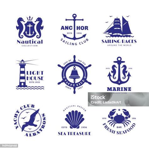 빈티지 해양 라벨 해군 엠블럼 선원 타이포그래피 배지 등대 닻 배가있는 장식 항해 표지판 해산물 레스토랑 깔끔한 벡터 패치 해군에 대한 스톡 벡터 아트 및 기타 이미지