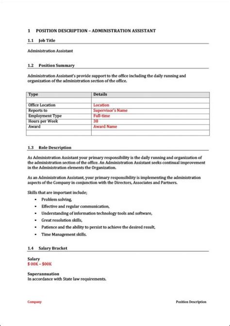 Administration Assistant Position Description Template Free Bonus