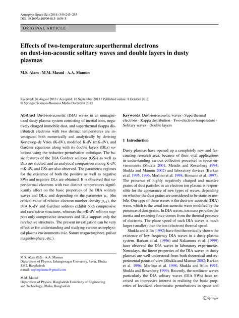 Pdf Effects Of Two Temperature Superthermal Electrons On Dust Ion Acoustic Solitary Waves And