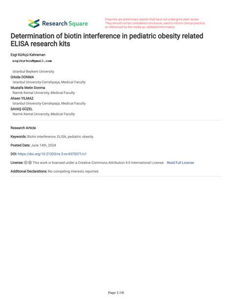 Pdf Determination Of Biotin Interference In Pediatric Obesity Related