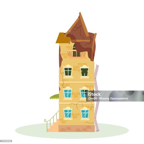 화재 나 지진으로 파괴 된 건물 전쟁 후 폐허가 된 도시 건물 오래된 부서진 낡은 주택으로 손상된 도시 흰색 배경에 격리된 벡터 그림 0명에 대한 스톡 벡터 아트 및 기타