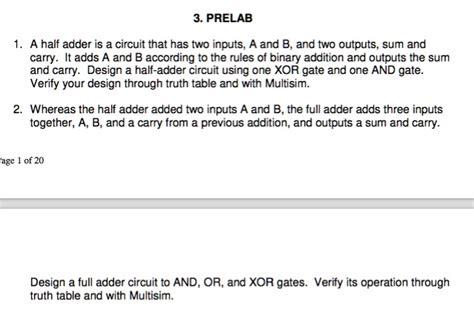 Solved 3prelab 1 A Half Adder Is A Circuit That Has Two Inputsa And