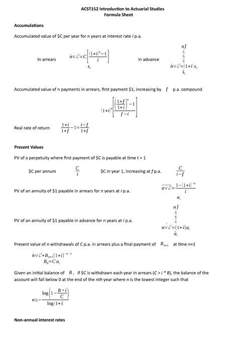 Formula Sheet And Excel Functions 2019 Acst152 Introduction To