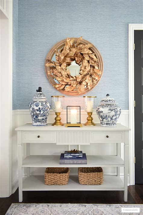Fall Entryway Decor In Elegant Gold Blue White Citrineliving