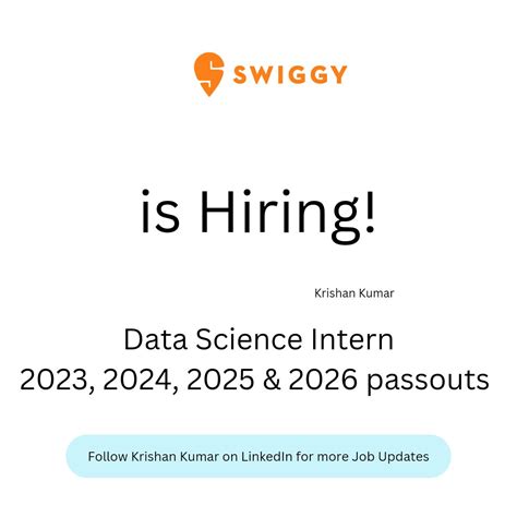 Company Name Swiggy Role Data Science Intern Batch Eligible 2023 Krishan Kumar 113 Comments
