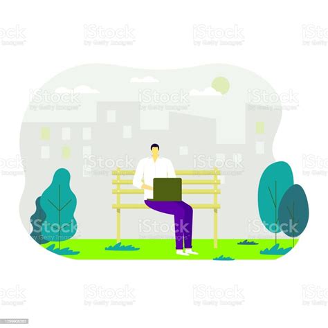공원에서 걷는 사람들 노트북을 들고 벤치에 앉아 있는 남자 젊은 프리랜서가 일하고 있습니다 레저 및 야외 활동 벡터 플랫 컨셉 일러스트레이션 개에 대한 스톡 벡터 아트 및