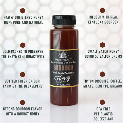 6 Pack Honey Feast Bourbon Honey 12oz Artisan Raw Honey With Bourbon