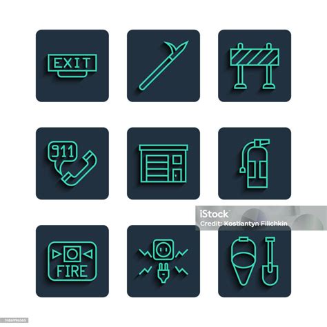 라인 화재 경보 시스템 전기 스파크 삽 및 양동이 도로 장벽 소방서 건물 전화 911 출구 및 소화기 아이콘을 설정하십시오 벡터