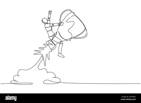Continuous One Line Drawing Robot Riding Trophy Rocket Flying In Sky