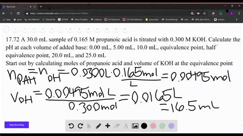SOLVED:A 30.0-mL sample of 0.165 M propanoic acid is titrated with 0.300 M KOH. Calculate the pH ...