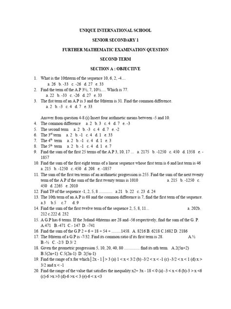 Senior Secondary 1 Further Mathematics Pdf Arithmetic Mathematical Concepts