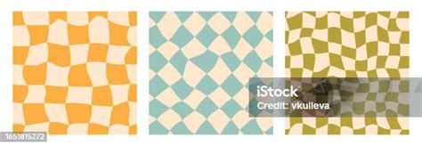 매끄러운 그루비 바둑판 배경 세트 복고풍 물결 모양의 체크 무늬 컬렉션을 반복합니다 빈티지 사이키델릭은 깅엄 월페이퍼를 왜곡했습니다 60년대 70년대 스타일의 트위스트