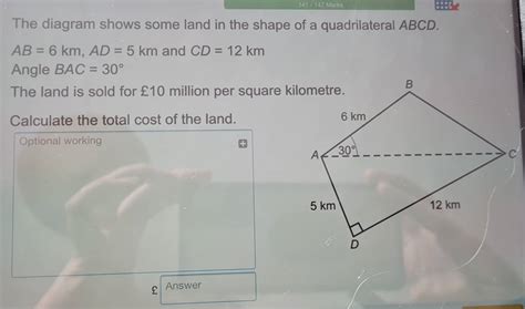 Solved 141 147 Marks The Diagram Shows Some Land In The Shape Of A Quadrilateral Abcd Ab 6km