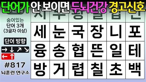 ️ ️ 단어가 안 보이면 두뇌건강 경고신호 817 두뇌운동단어퀴즈숨은단어찾기뇌훈련연구소 Youtube