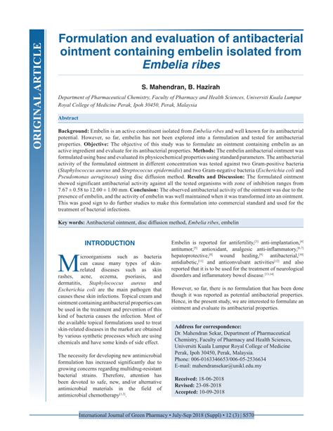 Pdf Formulation And Evaluation Of Antibacterial Ointment Containing Embelin Isolated From