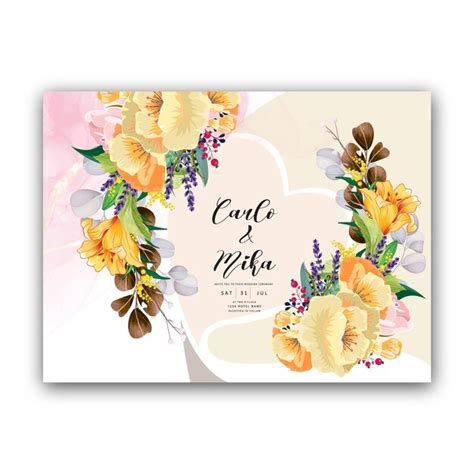 아름다운 꽃봉오리 결혼식 초대 카드 템플릿 프리미엄 벡터