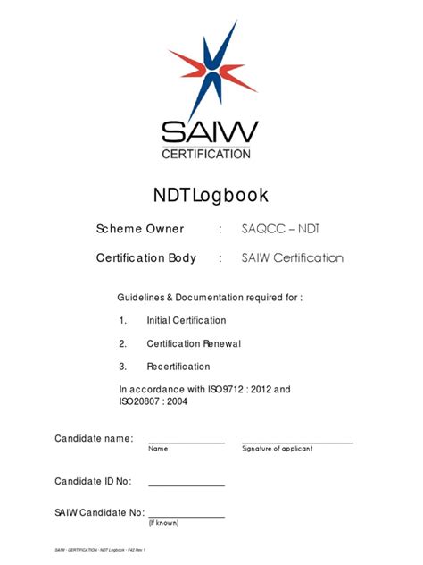 Saiw Certification Ndt Logbook Pdf Pdf Nondestructive Testing