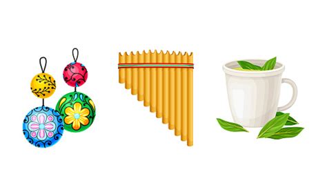 페루 국가 관련 기호 세트 팬파이프 메이트 드 코카 잎과 만화 벡터 일러스트와 차 0명에 대한 스톡 벡터 아트 및 기타 이미지