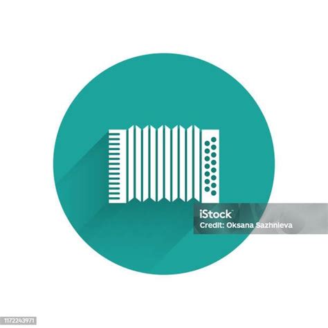 긴 그림자로 격리 된 흰색 악기 아코디언 아이콘 고전적인 바야 고조파 녹색 원 버튼입니다 벡터 일러스트레이션 Classical Concert에 대한 스톡 벡터 아트 및 기타