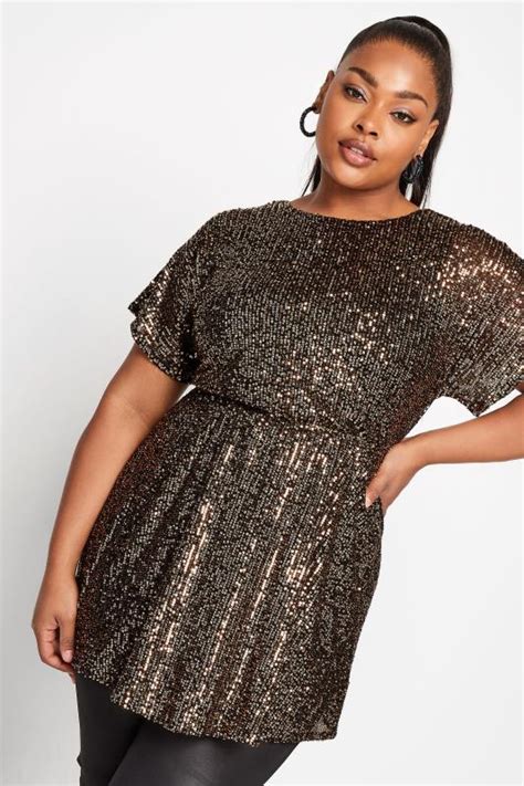 Yours London Curve Gold Sequin Wrap Peplum Top Yours Clothing