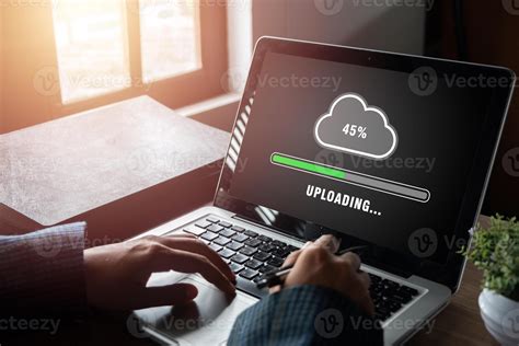 Upload Data Concept Woman Using Laptop Computer And Waiting For Cloud