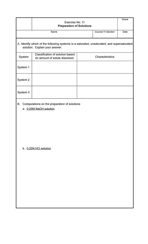 Chem Act Try Exercise No 11 Preparation Of Solutions Score Name Course Yr Section Date A