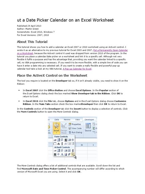 Adding A Date Picker Calendar To An Excel Worksheet Using An Activex