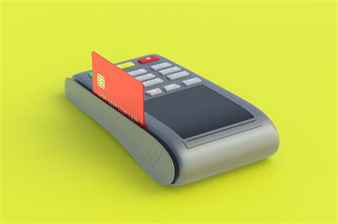 노란색 배경에 플라스틱 신용 카드가있는 휴대용 금전 등록기 3d 렌더 3차원 형태에 대한 스톡 사진 및 기타 이미지 3차원