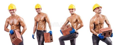 Muscular Builder With Bricks Stock Photo Image Of Builder Head