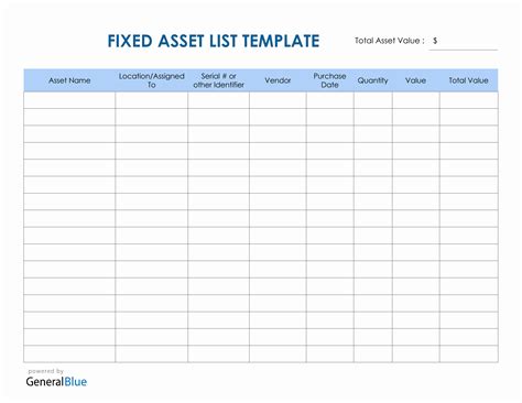 Fixed Asset Template By Year