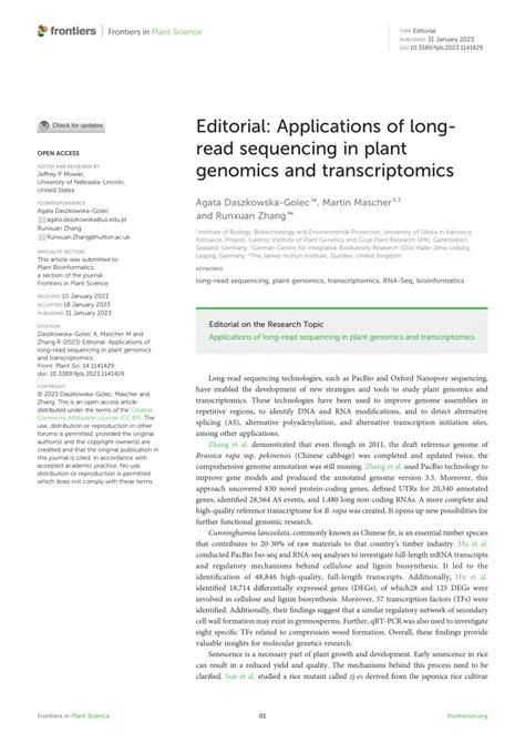 Pdf Editorial Applications Of Long Read Sequencing In Plant Genomics