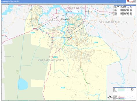 Chesapeake County Va Zip Code Wall Map Basic Style By Marketmaps Mapsales