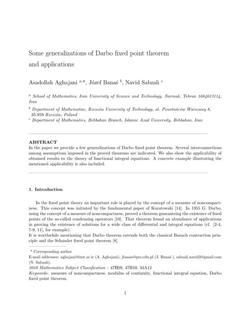 Pdf Some Generalizations Of Darbo Fixed Point Theorem And Applications