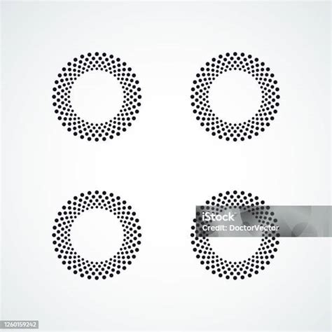 하프톤 점선 벡터 프레임 원 모양의 도트 패턴 흰색 배경에 격리 된 검은 테두리 라운드 배너 또는 로고를 위한 트렌디한 디자인 요소 0명에 대한 스톡 벡터 아트 및 기타