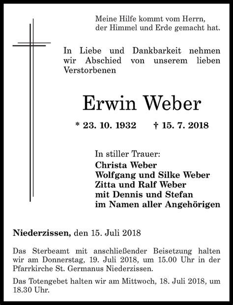 Traueranzeigen Von Erwin Weber Rz Trauer De