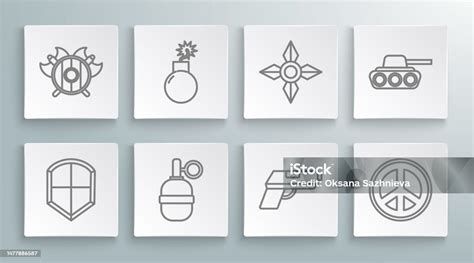 세트 라인 방패 폭발 준비가 된 폭탄 수류탄 권총 또는 총 평화 일본 닌자 수리검 군용 탱크 및 교차 축 아이콘이 있는 중세 방패 벡터 경찰관에 대한 스톡 벡터 아트 및