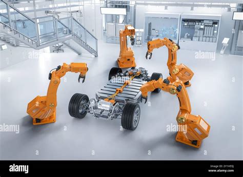 Automation Automobile Factory Concept With 3d Rendering Robot Assembly