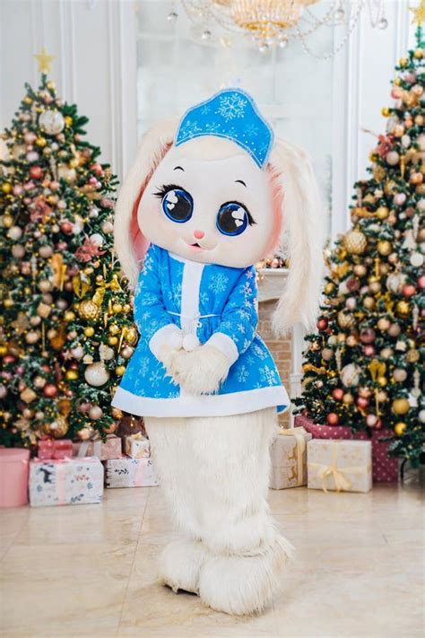 A Bunny Doll In A Blue Snow Maiden Costume In A Room With Christmas