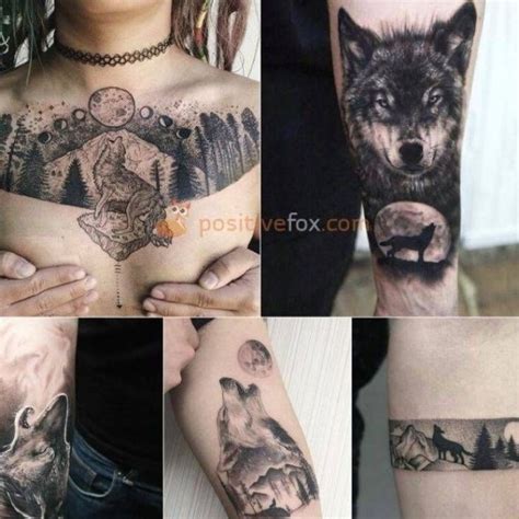 Several Different Pictures Of Tattoos On The Arm And Chest With Wolfs In The Background