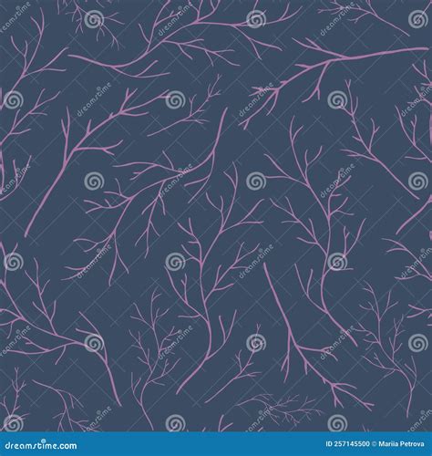 Pink Hand Drawn Branches On Dark Blue Background Repeating Pattern