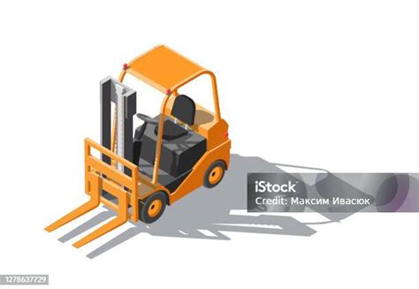 흰색 배경에 격리 된 등색 지게차 트럭 포크 로더 물류 회사 창고 3d 화물 배달 인포그래픽 아래로 3차원 형태에 대한 스톡